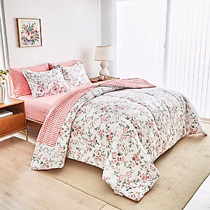 UOZZI BEDDING Bed in a Bag All Season Soft Microfiber Reversible Bed Comforter Set (1 Comforter 2 Pillow Shams 1 Flat Sheet 1 Fitted Sheet 2 Pillowcases) (Flowers 1, Queen-7 Pieces)