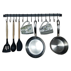 Wall-Mounted Utensil Rack Hanger – Black, 17" x 1" - Rustic Iron Kitchen Organizer with Ten 3.5" Hanging Hooks - Coffee Mug Rail - Pot and Pan Holder - Organizing Rod for Cookware - Claimed Corner