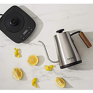Brim 0.8L Gooseneck Kettle w Wood Handle, Easy Brewing Pour Over Coffee, Tea or Hot Beverages, 6 Variable Temperature Presets, Capacitive Smart Touch Interface, Cordless Power Base, Stainless Steel