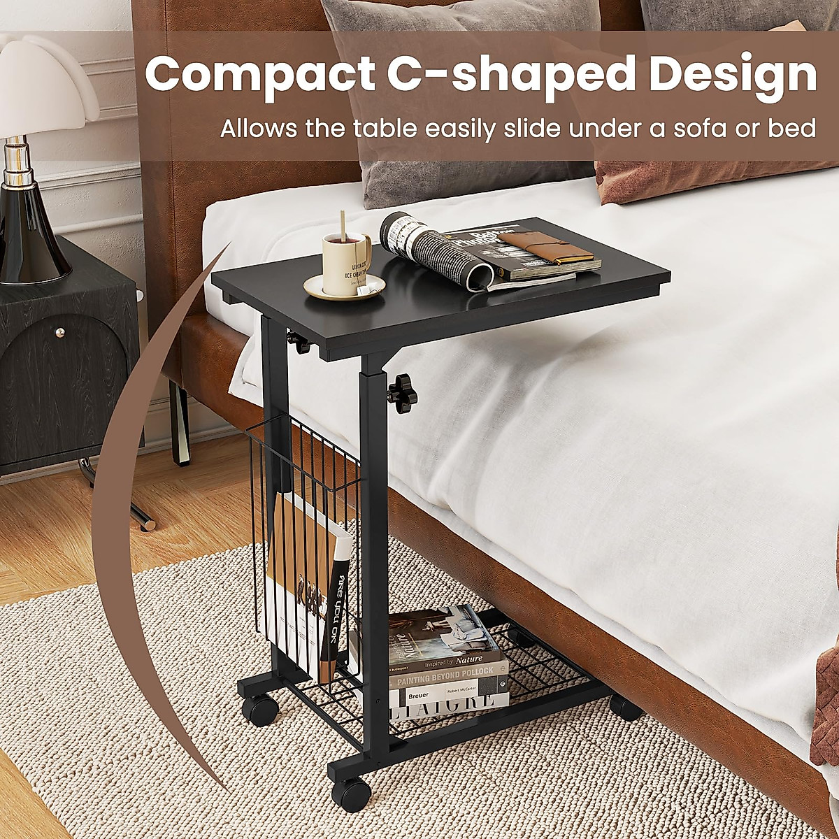 Tangkula Rolling Height Adjustable C Table, Mobile End Table with Detachable Wheels, Side Basket and Bottom Mesh Storage, Space-saving Slide Under Sofa Table for Living Room Bedroom