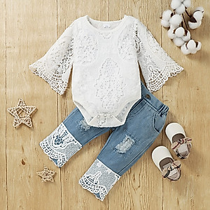 Tikoubabe Baby Girl Clothes Toddler Outfit Infant White Lace Romper Long Sleeve + Jeans Pants Clothing Set 3-6 Months 70cm
