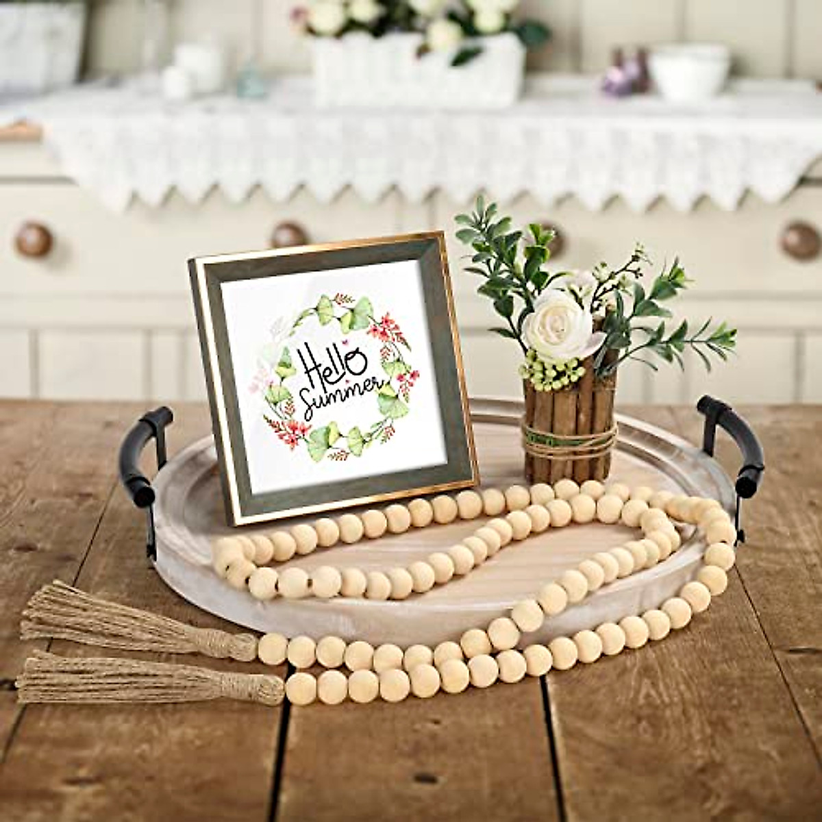 Round Wood Tray/w Wood Bead Garland - 13" Decorative Trays for Home Decor - Round Wooden Tray with Handles - Wooden Round Tray for Kitchen Counter.