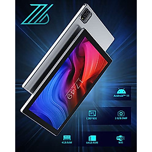 ZZB Tablet 10 Inch Android 11 Tablets, 64GB ROM 512GB Expand，6000mah Battery, Quad-Core Processor 4GB RAM Tableta, 8MP Camera WiFi BT GPS FM 10.1'' IPS HD Touch Screen, 10 in Tabletas.