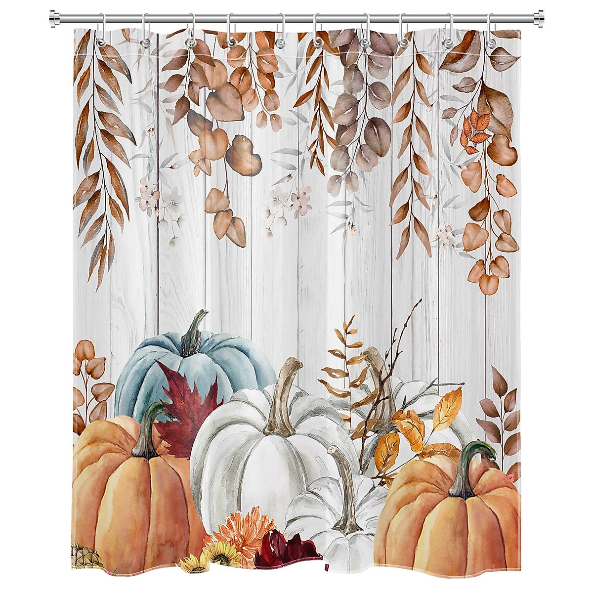 LB Fall Pumpkin Shower Curtain for Bathroom, Brown Autumn Eucalyptus Leaf with Flower on Vintage Grey Wood Fabric Shower Curtain with Hooks, Farmhouse Plant Bathroom Curtain Shower Set, 60" W x 72" L