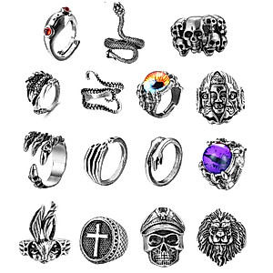 Subiceto 15 Pieces Vintage Punk Rings Adjustable Gothic Rings for Women Men Frog Octopus Snake Skull Claw Cool Rings Set Jewelry