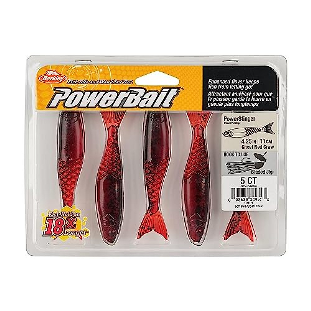 Berkley PowerBait PowerStinger Fishing Soft Bait, Ghost Red Craw, 4 1/4"