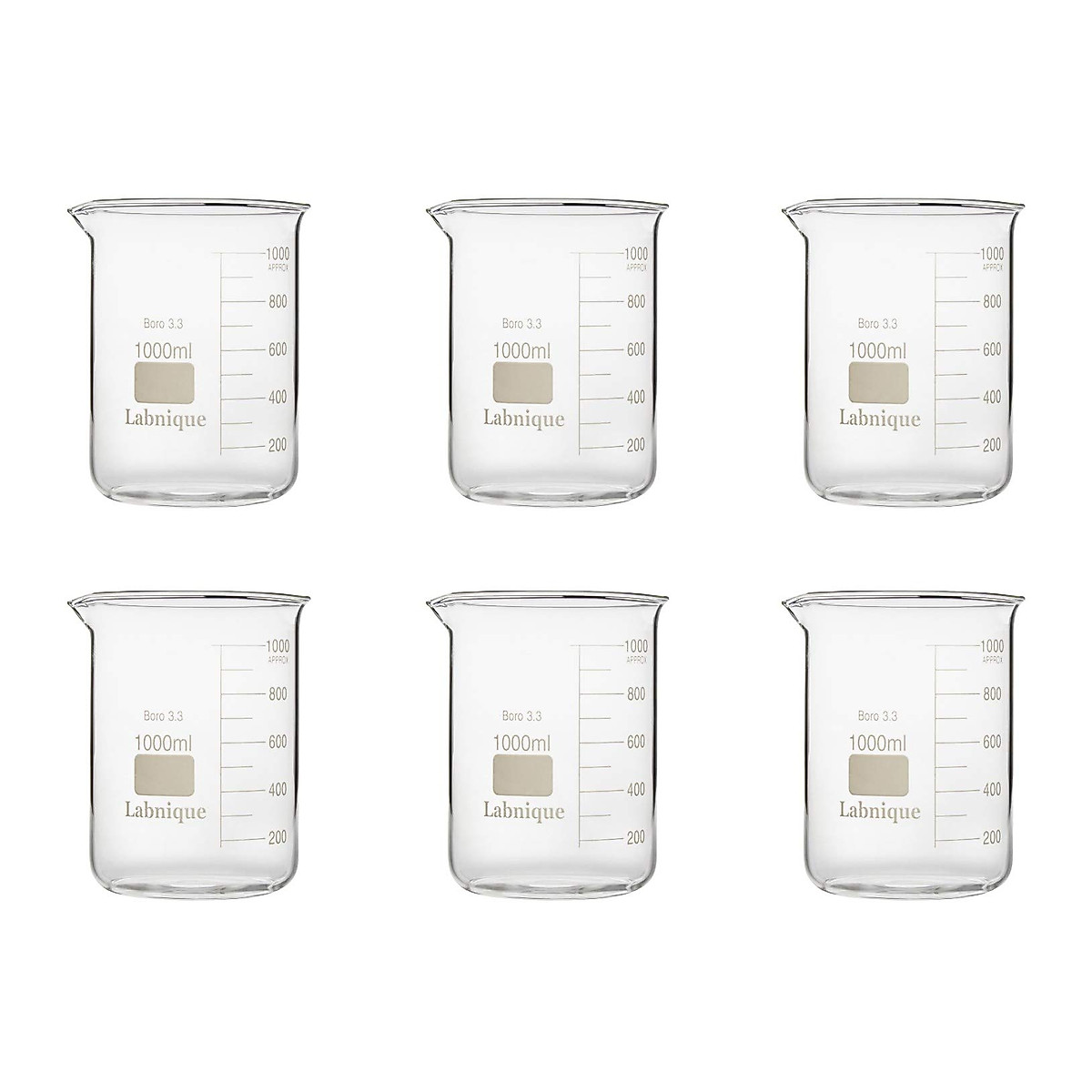 Labnique Borosilicate 3.3 Glass Griffin Beaker, Low Form with Printed Graduation, Double Boxed, 1000ml / 1L (Pack of 6)