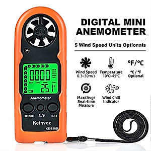 Mini Anemometer Digital Wind Speed Meter, Kethvoz Handheld Wind Tester Measure Windspeed Check Air Velocity Temperature for Hunting Windsurfing Sailing Shooting Drone Outdoor Activities 816B