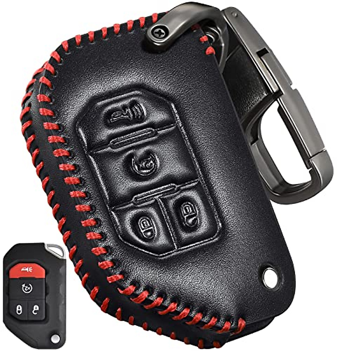 Slohif for Jeep Leather Wrangler JL JLU Rubicon 2018-2021 Gladiator JT Sahara JLU 4 Buttons, Leather Case+D-Ring+Hook(Black)