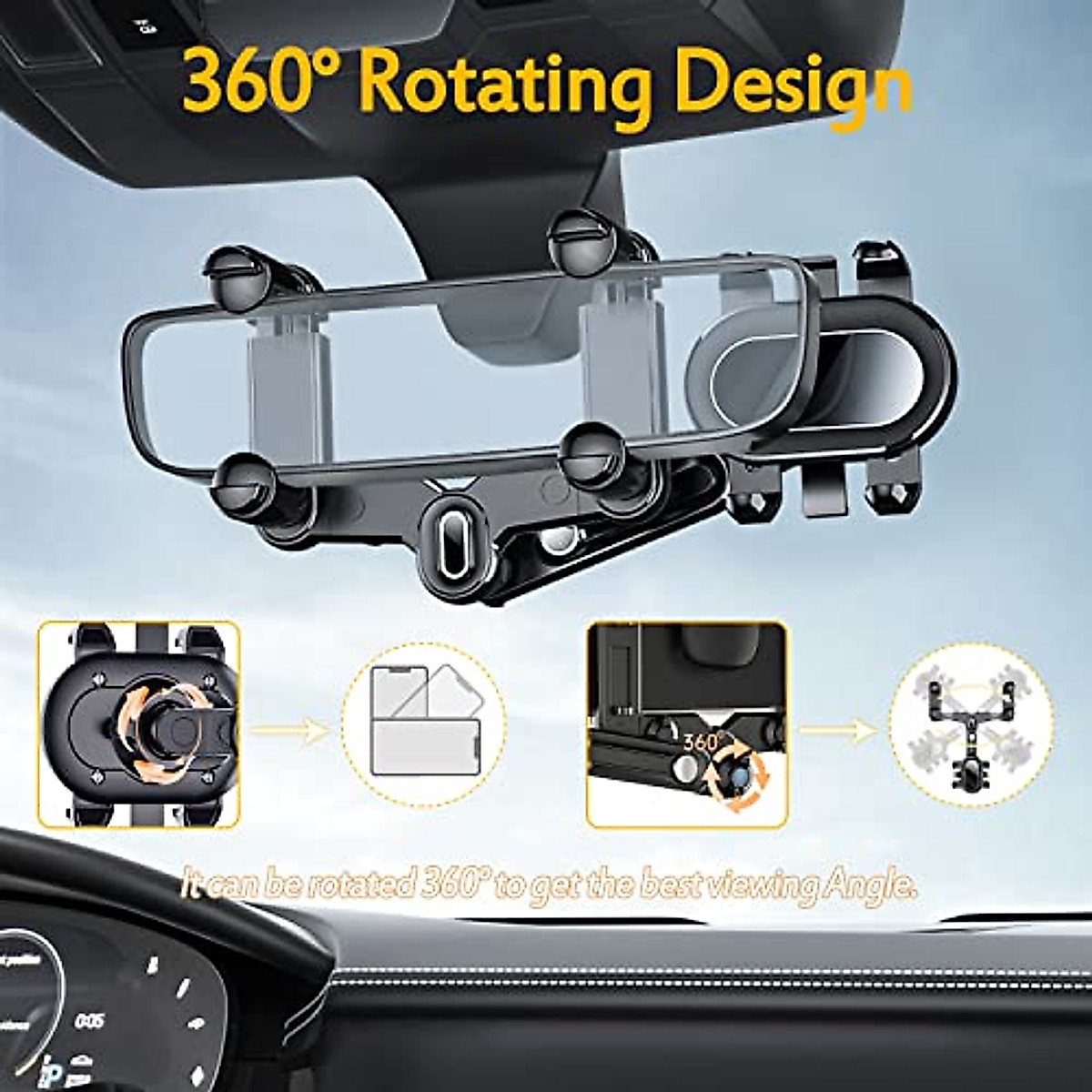 Rear View Mirror Car Phone Holder, Anti-Shake Multifunctional Rearview Mirror Phone Holder for Car, Rearview Holder – Rotatable and Retractable Car Phone Holder Mount, Phone Mount for Car