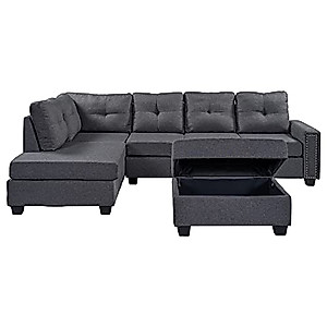 UBGO Living Room Furniture Sets,108" Reversible Sectional, L-shape Couch with Ottoman&Extra Wide Chaise Longue,Upholstered Modular Sofa with Two Cup Holders,for Large Space Apartments-Gray, Grey D