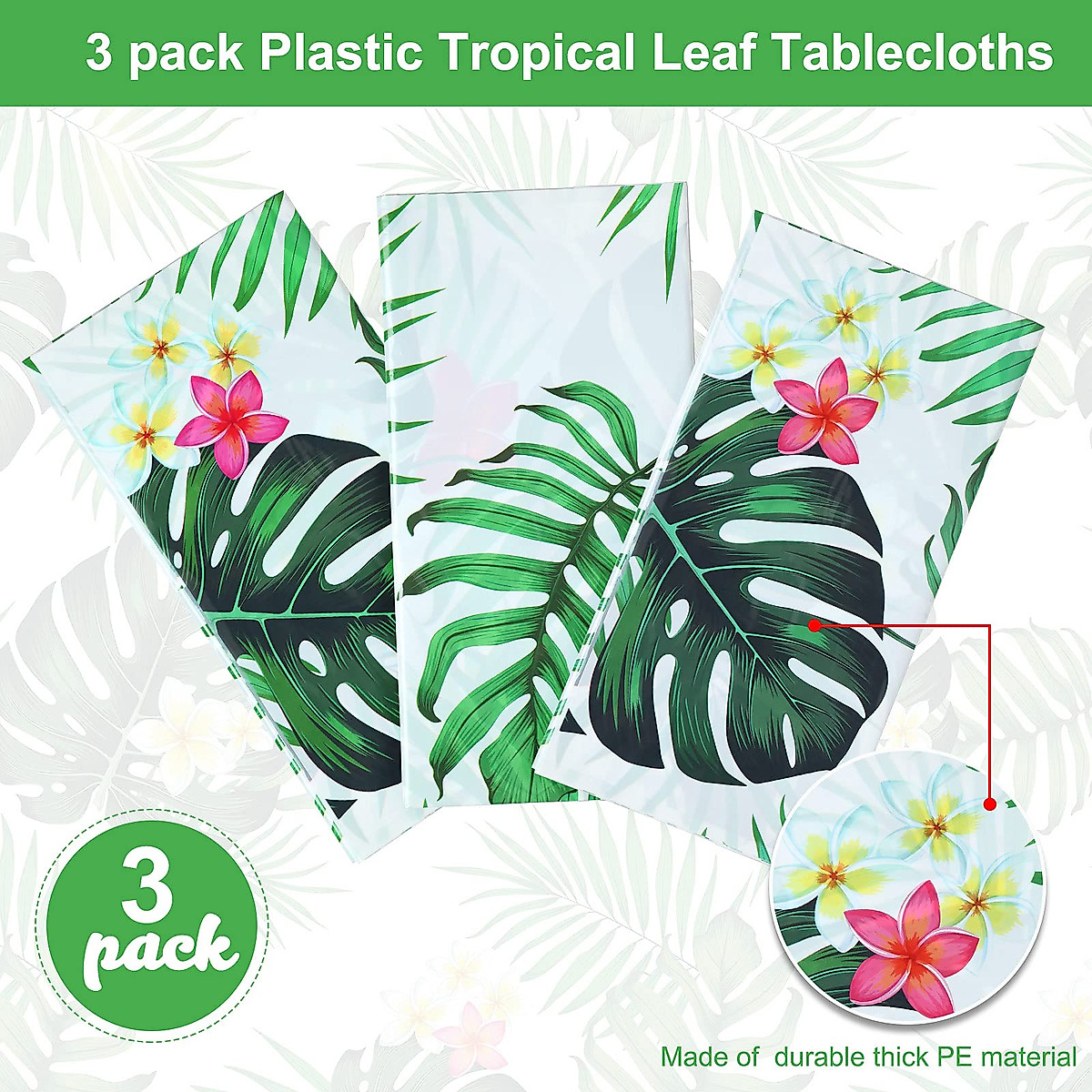 Luau Party Plastic Tablecloths Hawaiian Luau Table Cover Palm Leaves Table Cloth Birthday Bridal Shower Birthday Party Summer Pool Tropical Party Decorations, 54 x 108 Inches(3 Pieces)