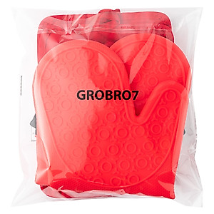 GROBRO7 4Pcs Silicone Extra Long Oven Mitt Pot Holder Set Heat Resistant Hot Pads Waterproof BBQ Gloves Machine Washable Pocket Potholder with Hanging Loop for Safe Kitchen Baking Cooking Grilling Red