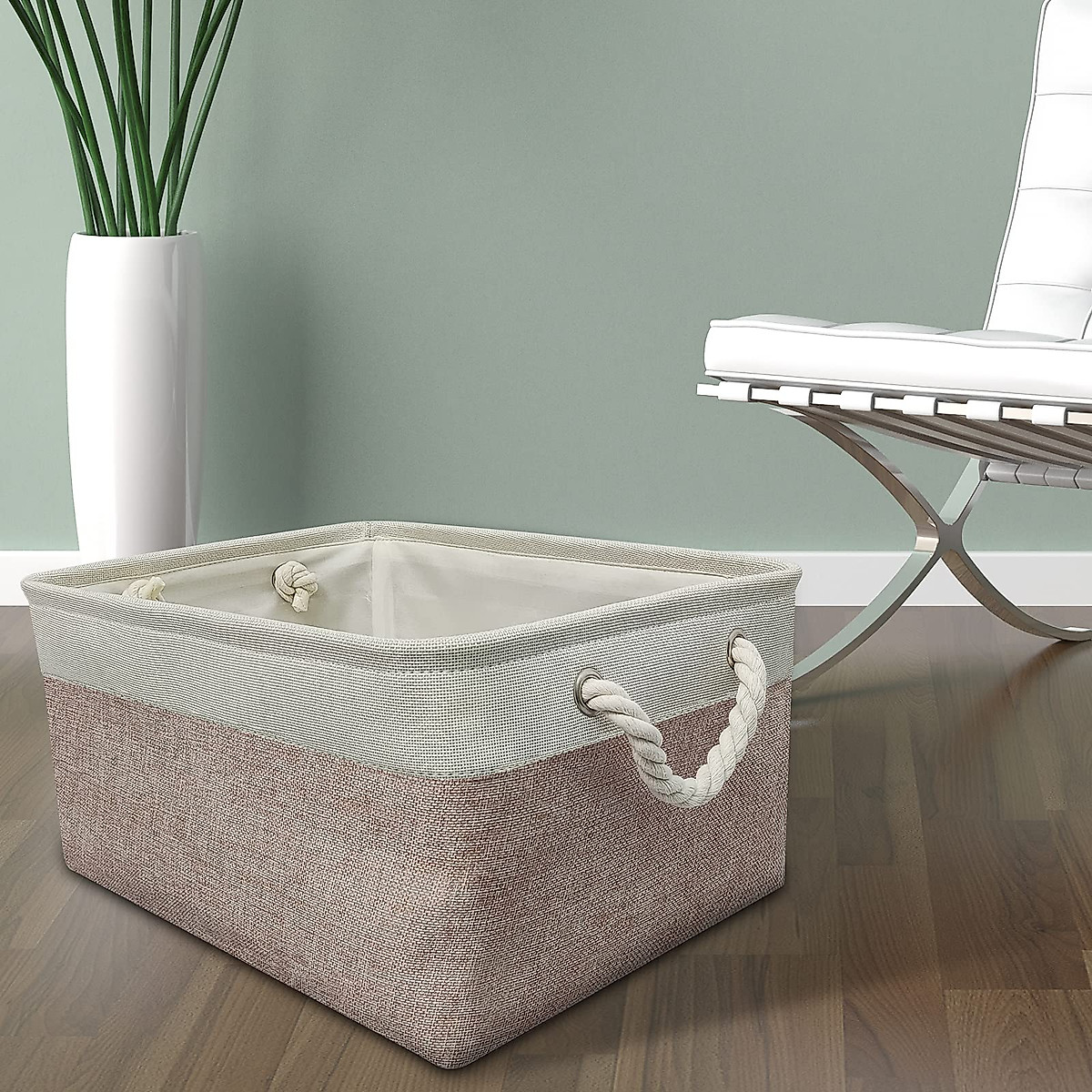 Protecu Storage Basket Bins Organizer Fabric Toy Basket with Handles - Large Baskets for Organizing Gifts Empty Shelves Closet (White & Pink, 16.1x12.2x7.9 inch)