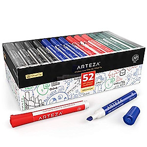 Arteza Dry Erase Markers, Bulk Pack of 52, Chisel Tip, 4 Assorted Colors with Low-Odor Ink, Whiteboard Markers, Back to School Supplies for Classroom, Office, or Home