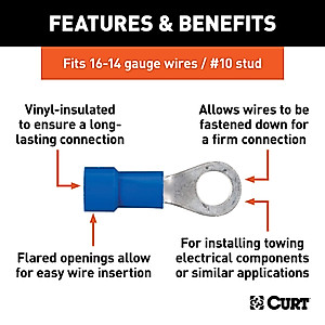 CURT 59521 16-14 Gauge Blue Vinyl-Insulated Ring Terminal Wire Connectors, #10 Stud, 100-Pack