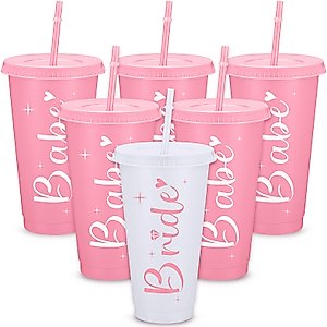Gerrii Set of 6 Bride and Babe Bachelorette Cups for Bachelorette Party, Bachelorette Cups with Lid and Straw Bridesmaids Reusable Cups with Lids Bride Travel Mug for Wedding Party Gifts Supplies