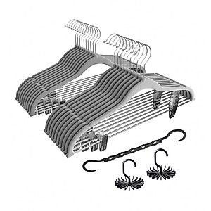 VECELO Premium Velvet Clothes Hangers Suit with Metal Clips (20 Pack)-Non Slip & Space-Saving with 1 Magic Hangers & 2 Tie Rack Excellent for Men and Women
