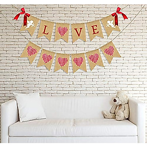 JOZON Love Burlap Banner and Pink Plaid Heart Burlap Banner Valentine's Day Bunting Banner Garland with Cupid Signs and Bows Valentines Day Party Decorations for Wedding Anniversary Mother‘s Day