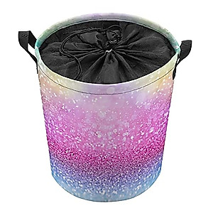 Rainbow Glitter Mermaid Laundry Hamper Collapsible Laundry Basket with Drawstring Waterproof Unicorn Pony Toys Storage Basket with Handle, 14x17.3 Inches