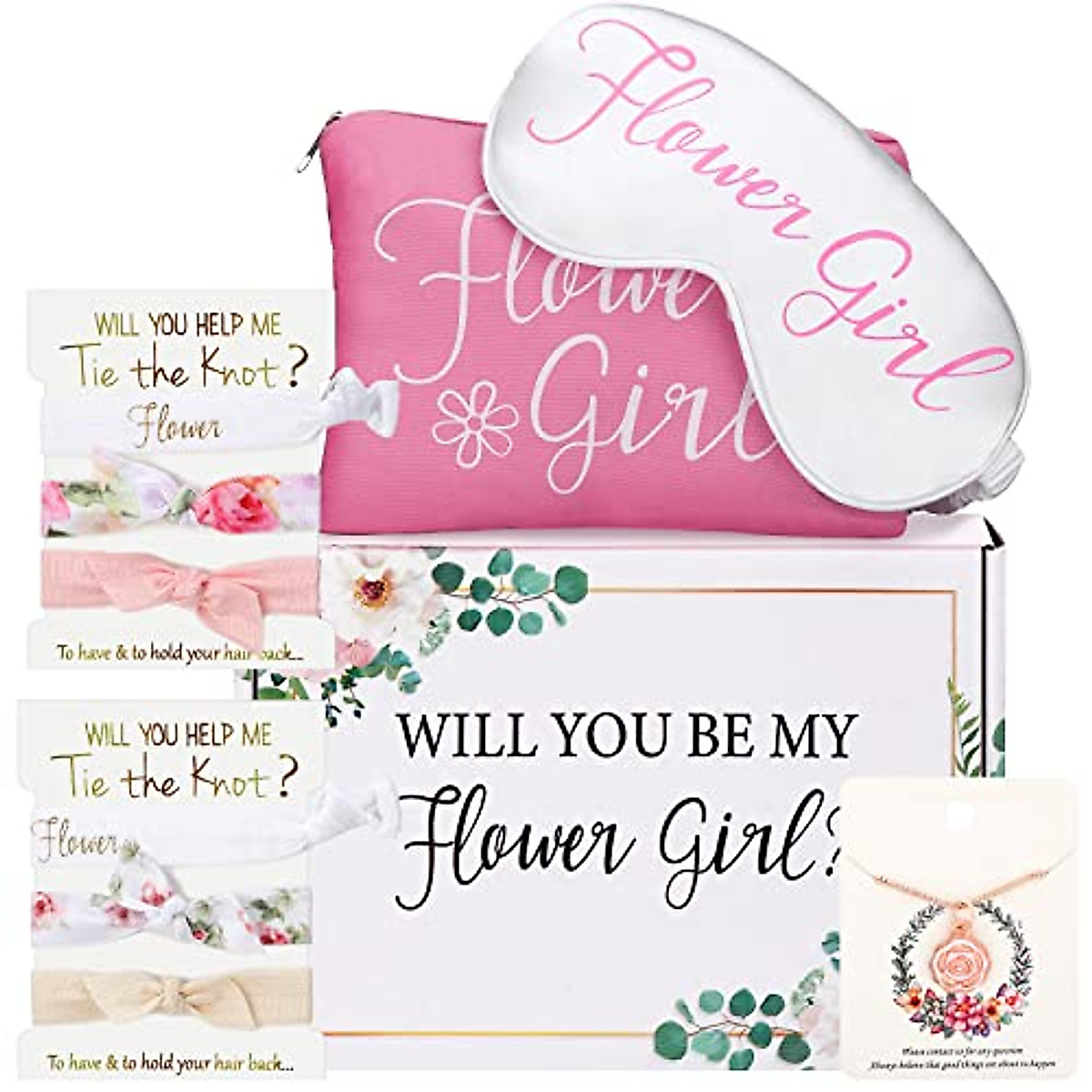 10 Pcs Flower Girl Proposal Gift Set, Flower Girl Box Flower Girl Necklace Sleeping Mask Makeup Pouch and 6 Pcs Flower Hair Ties Will You Be My Flower Girl Proposal Box for Bride Showers