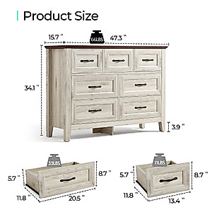LINSY HOME Dresser for Bedroom, 7 Drawer Dresser with Metal Handles, White Chest of Drawers for Living Room, Entryway and Hallway, White Beige