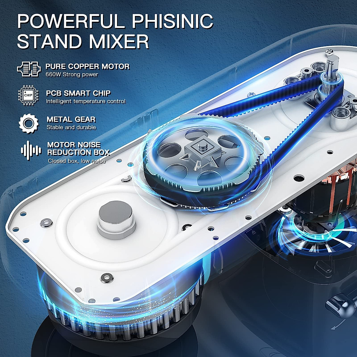 PHISINIC Stand Mixer, 5.8Qt Small Electric Food Mixer, 660W 6-Speed Tilt-Head Household Stand Mixer, Portable Lightweight Kitchen Mixer for Daily Use with Egg Whisk, Dough Hook,and Flat Beater