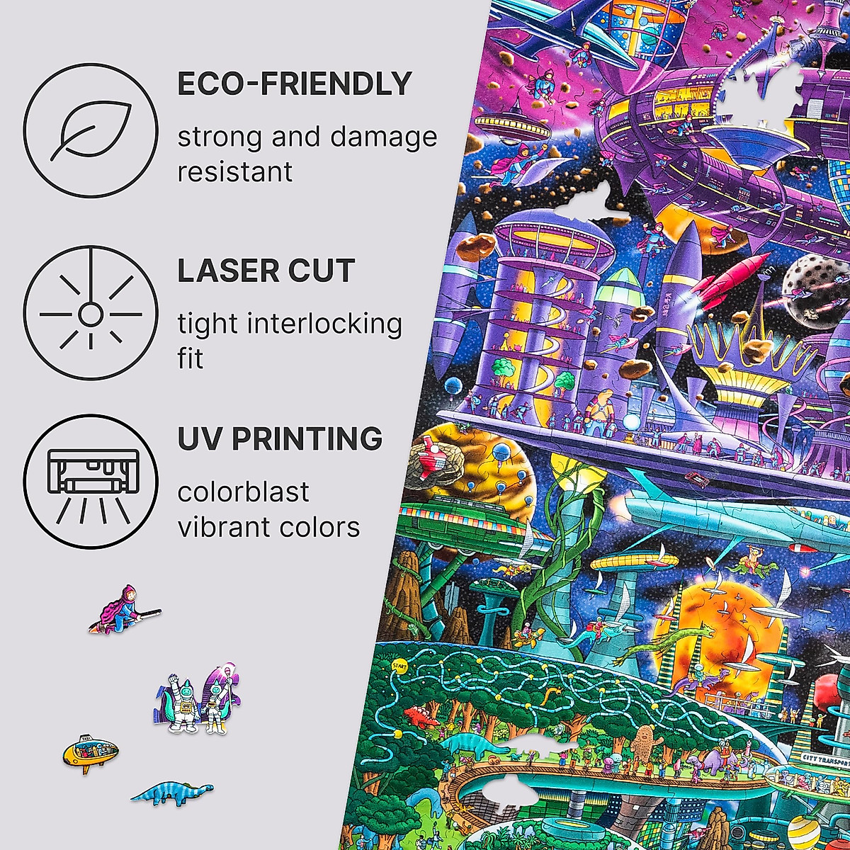 UNIDRAGON Original + IC4 Design Wooden Jigsaw Puzzle for Adults and Kids, Puzzle Board Game, Quezzle Space Adventures, Full Pack, 1000 Pieces, 28.2 by 19.6 Inches