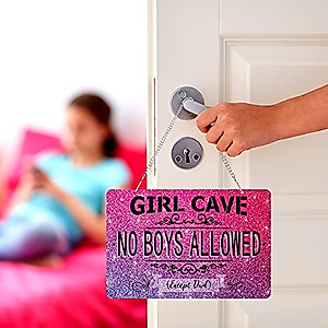 Hotop Girl Cave Metal Sign Funny No Boys Allowed Except Dad Sign Girl Room Wall Door Sign Decor with Chain for Teen Girls Daughter Bedroom Door Wall Decoration, 12 x 8 Inch