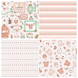 WRAPAHOLIC Baby Girl Wrapping Paper Roll - Cute Hobbyhorse and Baby Clothes Design Perfect for Celebration, Party, Baby Shower Present Packing - 4 Rolls - 30 inch X 120 inch Per Roll