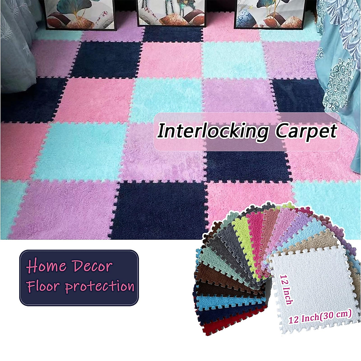 18 Pcs Soft Interlocking Puzzle Foam Mats, Fluffy Carpet Tiles,Plush Area Rug,Keep Warm,Non-Slip,Playmat,Floor Mats,12X12 Inch(Size:12X12X0.23 Inch,Color:Brick Red+Navy Blue+White)