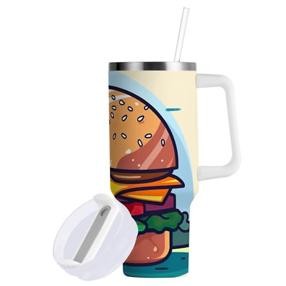 PaChyLuu 40 oz Insulated Tumbler with Handle and Straw Lid, Cartoon Burger Leak-Proof Stainless Steel Travel Coffee Mug for Car Cup Holder