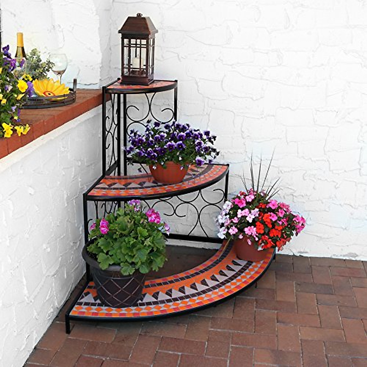 Sunnydaze Large 3-Tier Mosaic Plant Stand - Indoor or Outdoor Metal Corner Flower Pot Shelf - 40" H