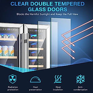 CHEFJOY Beverage and Wine Cooler Refrigerator, Dual Zone 2-in-1 Wine Fridge Cellar w/Independent Temperature Control, LED Lights, 18 Bottles & 57 Cans, Quiet Operation, Freestanding or Built-in