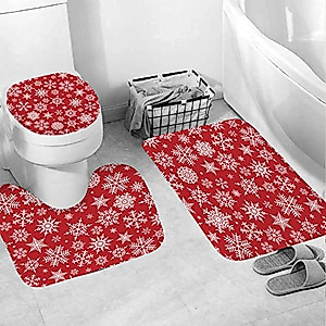 GRIEKOWE 4 Pcs Shower Curtain Set Christmas Snowflake Red Winter Xmas with Non-Slip Rugs Toilet Lid Cover and Bath Mat Bathroom Decor Set, Screen Full of Small Snowflakes 72" x 72" in