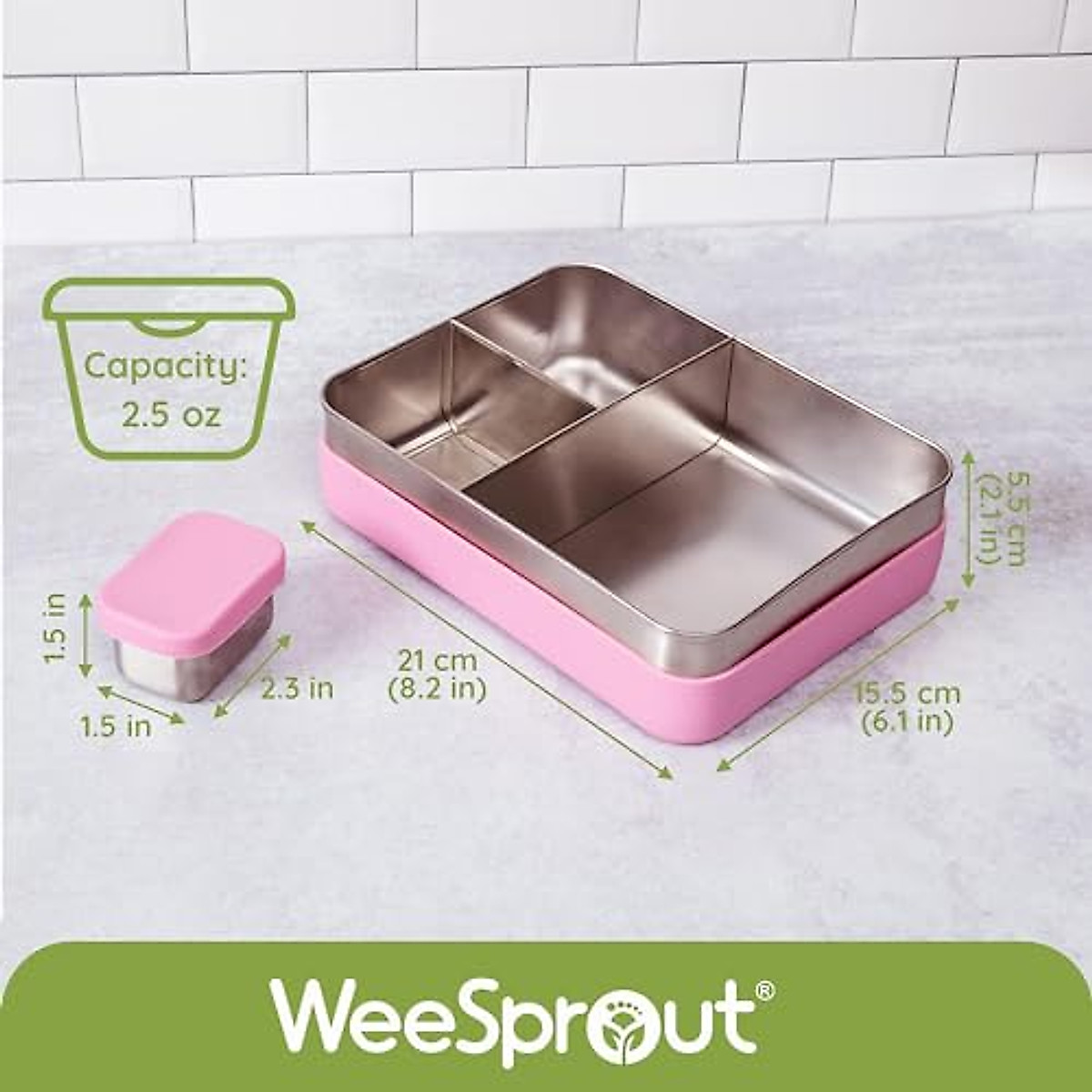 WeeSprout 18/8 Stainless Steel Bento Box (Large) - 3 Compartment Metal Lunch Box, Skid-proof Silicone, for Kids & Adults, Bonus Dip Container, Fits in Lunch & Work Bags, Dishwasher & Freezer Friendly