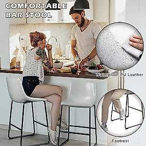 PUKAMI 26inch Bar Stools Set of 2,Counter Height Bar Stools,PU Leather Barstool,Armless Dining Chairs for Kitchen Island,Modern Stools with Metal Leg and Back (White, 26inch)