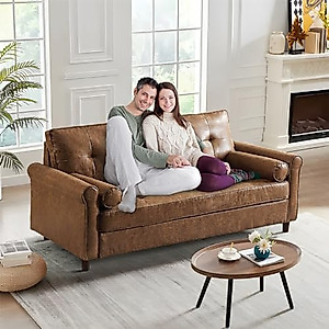 JEEOHEY Small Couch, 60 Inch Mid-Century Modern Faux Leather Upholstered Loveseat Sofa Furniture for Small Space, Living Room, Bedroom, 2 Throw Pillows, Rolled Arm, Back Cushion, Brown