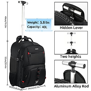 Rolling Backpack, ZOMFELT Wheeled Backpack with 3 Travel Luggage Organizers, Water Resistant Rolling Laptop Backpack for Travel Work College, Luggage Business Bag for Men Women Fits 17.3 Inch Notebook