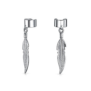 Western Jewelry Native American Feather Leaf Dangling Cartilage Ear Lobe Helix Earrings Warp Chain Ear Cuff Earrings For Women .925 Sterling Silver
