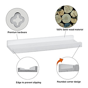 PHOENANCEE Picture Shelf Set of 2,Wood Wall Ledge with Lip,Photo Frames Book Storage Display Shelves for Living Room Bedroom Kitchen Kids Nursery,Home Office Decor(Rustic White,17 Inch)