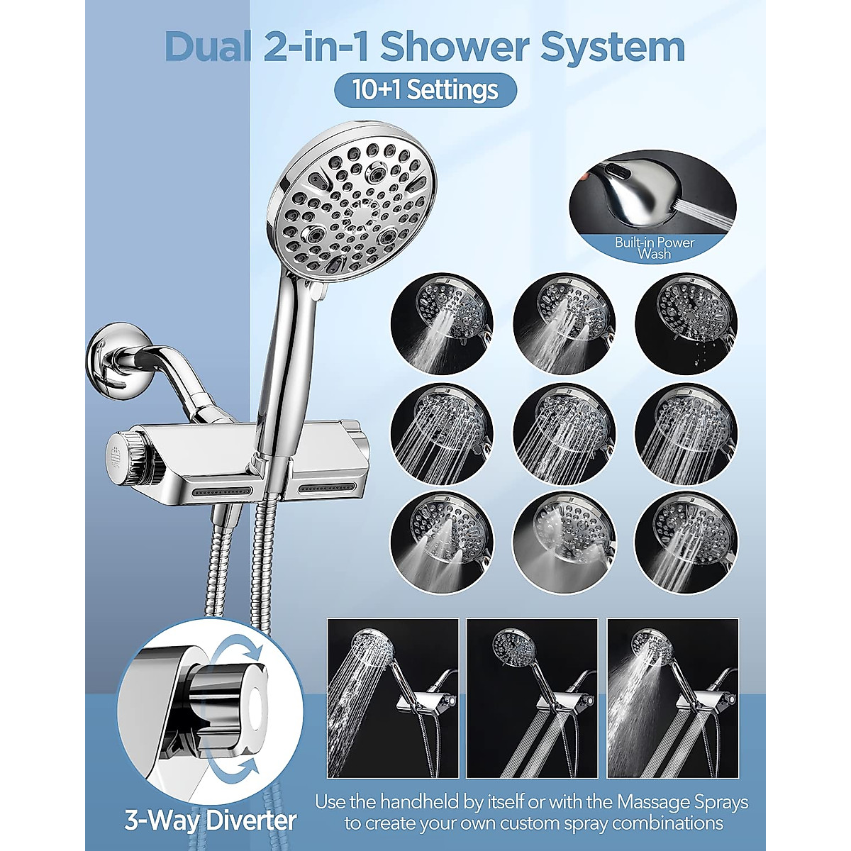 MakeFit Filtered Shower Head with Handheld Combo - Dual 2-in-1 Spa System with Massage Shower Head and 10 Modes Hand Held High Pressure Buit in Power Wash Mode (Chrome)