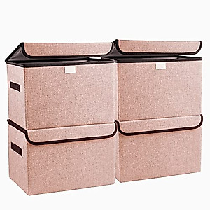 Bagnizer Foldable Fabric Storage Bins with Lids, 14.4x10x10'' Decorative Stackable Storage Cubes with Handles, Toy Clothes Blanket Storage Organizer, Closet Storage Basket/Box/Containers