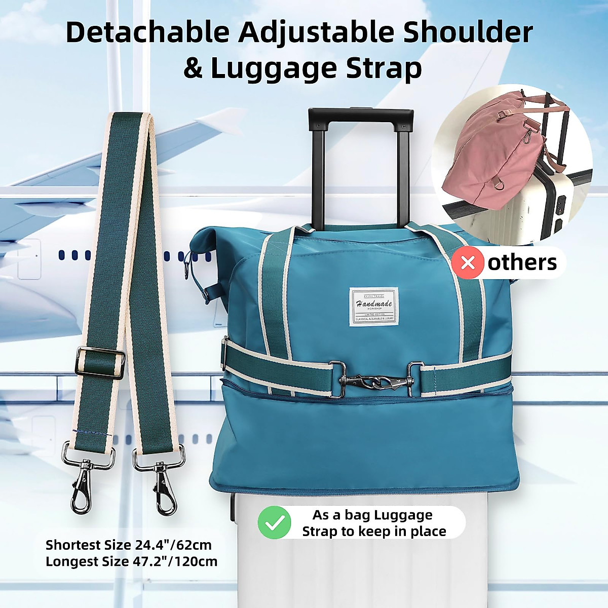 WALNEW Travel Duffel Bag, Weekender Overnight Carry On Bag for Women Men, Foldable Waterproof Gym Luggage with Metal Buckle Detachable Shoulder Strap and Wet Compartment (Peacock Blue)