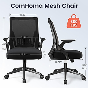 COMHOMA Office Chair with Flip-up Armrests Ergonomic Computer Desk Chair Foldable Mesh Task Chair with Wheels Adaptive Lumbar Support Swivel Tilt Comfortable Study Chair, Black (Seat Depth 17.7")
