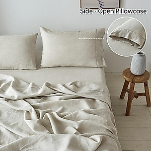 Simple&Opulence 100% Belgian Linen Sheet Set Handmade Hemstitch Linen Full Size Bed Sheet-4 Piece (1 Flat Sheet+1 Fitted Sheet+2 Pillowcases)-Natural Flax Farmhouse Bedding