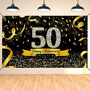 DARUNAXY Black Gold 50th Anniversary Party Decorations Happy 50th Anniversary Banner Cheer to 50 Years Backdrop 50 Wedding Anniversary Party Supplies for Parent 50th Anniversary Photography Background