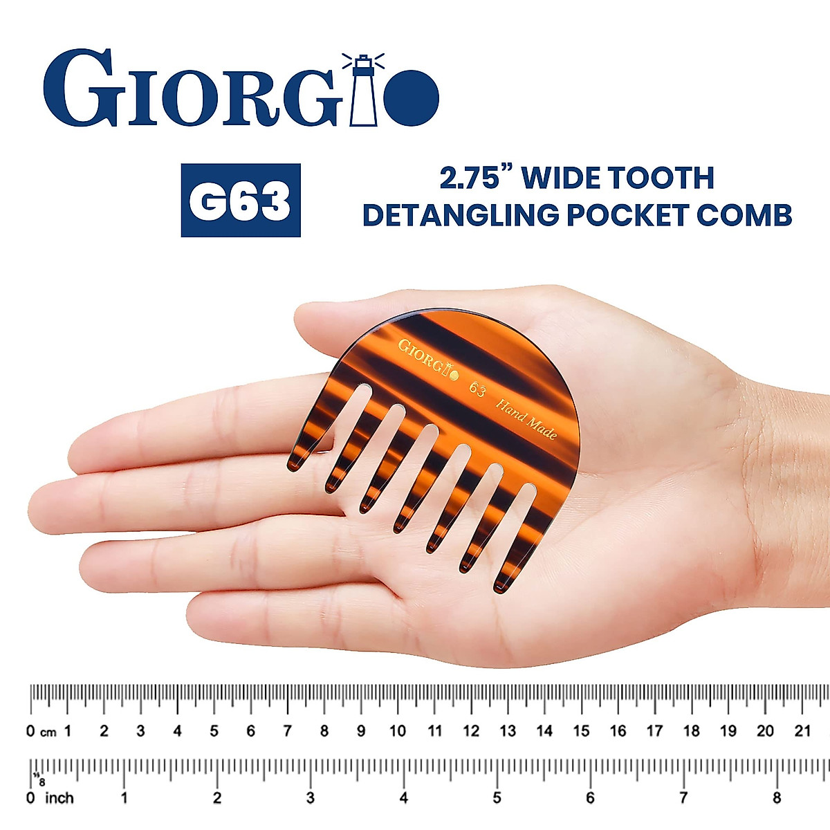 Giorgio G63 Wide Tooth Comb Detangling Comb, Pocket Comb and Travel Comb Wide Tooth Combs for Women for Thick Hair, Hair Detangler Comb For Wet and Dry Everyday Care. Handmade, Saw-Cut, and Polished