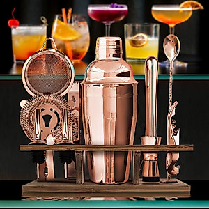 Bartender Kit, Rose Copper Cocktail Shaker set, 11-Piece Set, 24oz Martini Mixer, Muddler, Double Jigger, 2 Liquor Pourers, Mixing Spoon, Ice Tong, Strainer Set, Beer and wine opener with Bamboo Stand