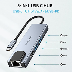 USB C Hub,YIKAIEN 5 Ports USB Type C to Ethernet HDMI USB 3.0 Type C Port Hub Adapter Compatible with MacBook Pro Air iMac Samsung Galaxy Note LG Chromebook Pixelbook Dell XPS Oculus Rift